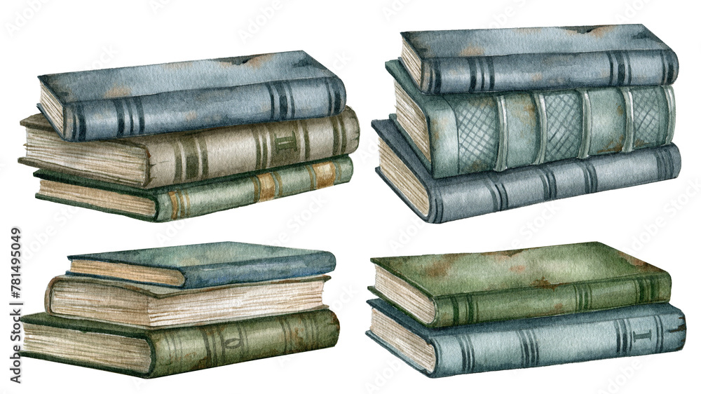 Watercolor book illustration set, vintage books clipart collection ...