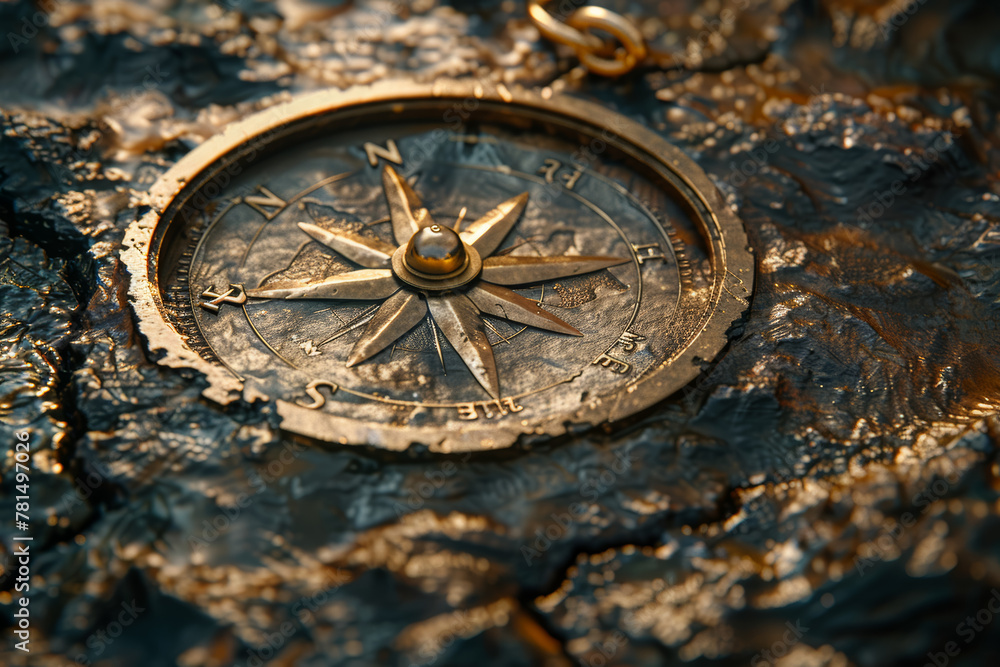 A compass rose etched into the surface of an ancient map, guiding ...