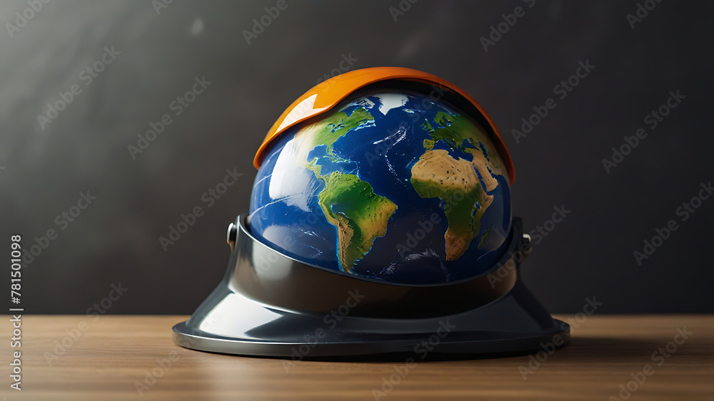 The planet Earth with the helmet on it. A safety and health concept for ...