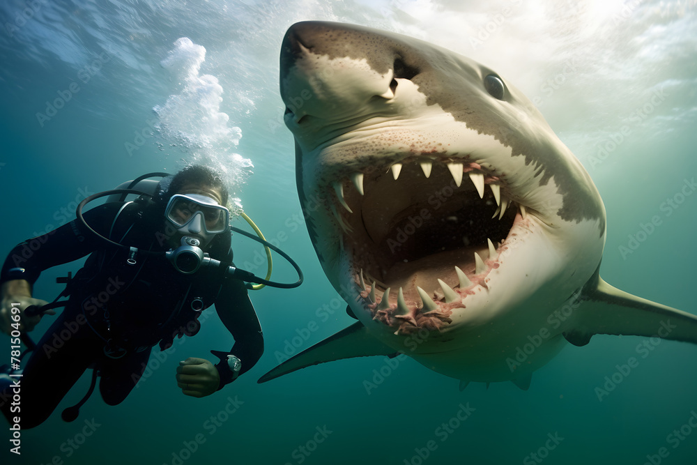 Shark attacks scuba diver underwater with wide open mouth Stock Photo | Adobe Stock