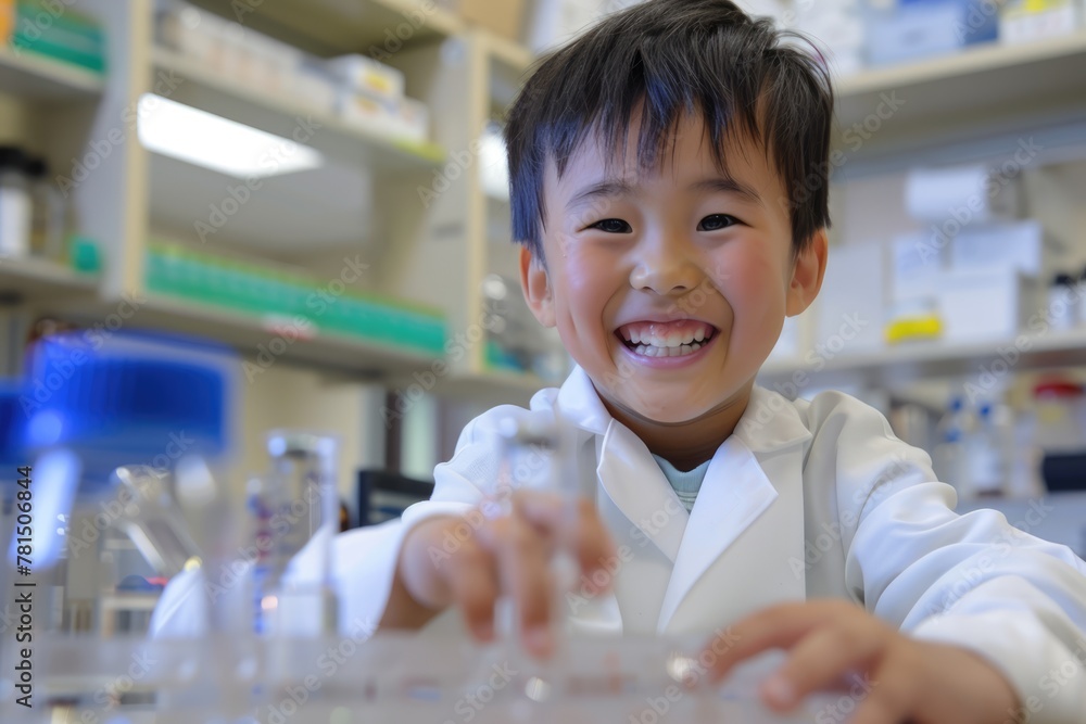 An Asian smiling school-age child wearing lab coat exploring a science ...