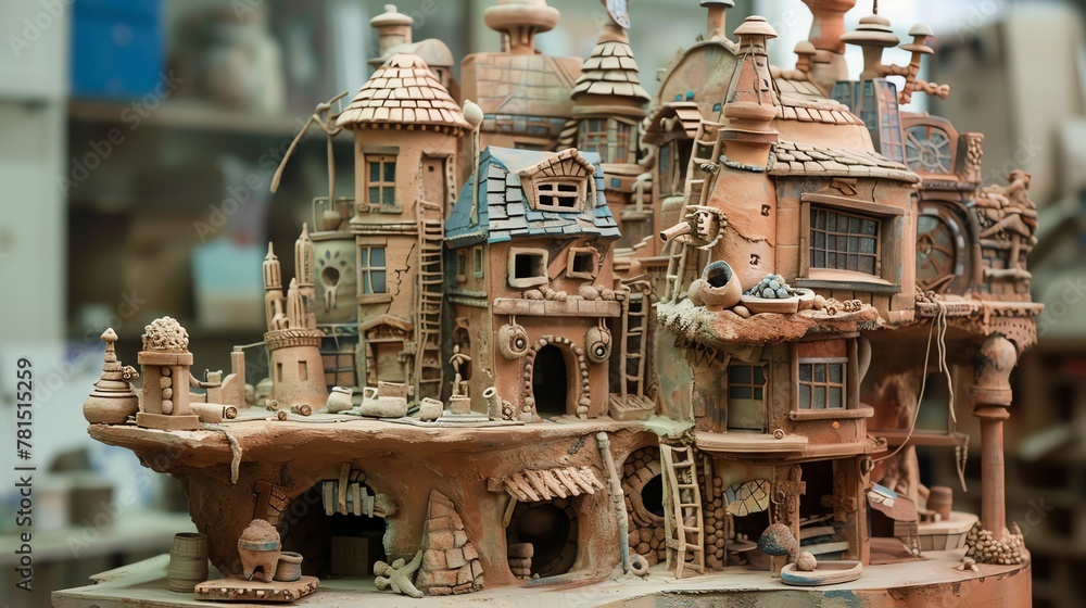 Craft a clay sculpture showcasing an urban scene from a unique side ...