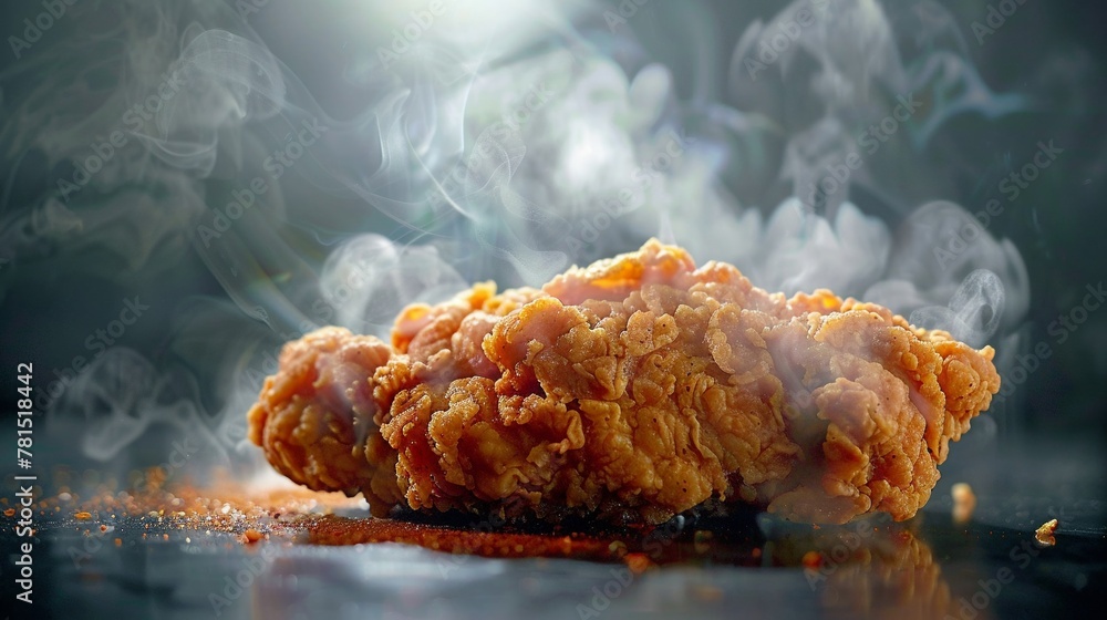 Fried chicken piece with steam, against a moody, cinematic background ...