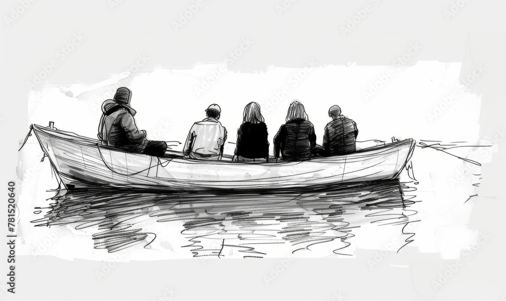 eople sitting on the edge of a boat, line drawing white background ...