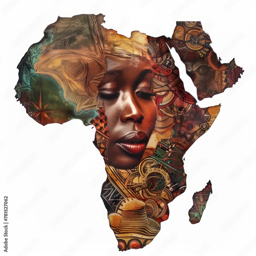 African woman face inside the african map on white background Stock ...