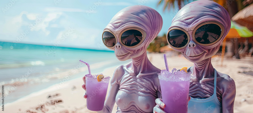 Purple aliens drink purple cocktails on the tropical beach background ...