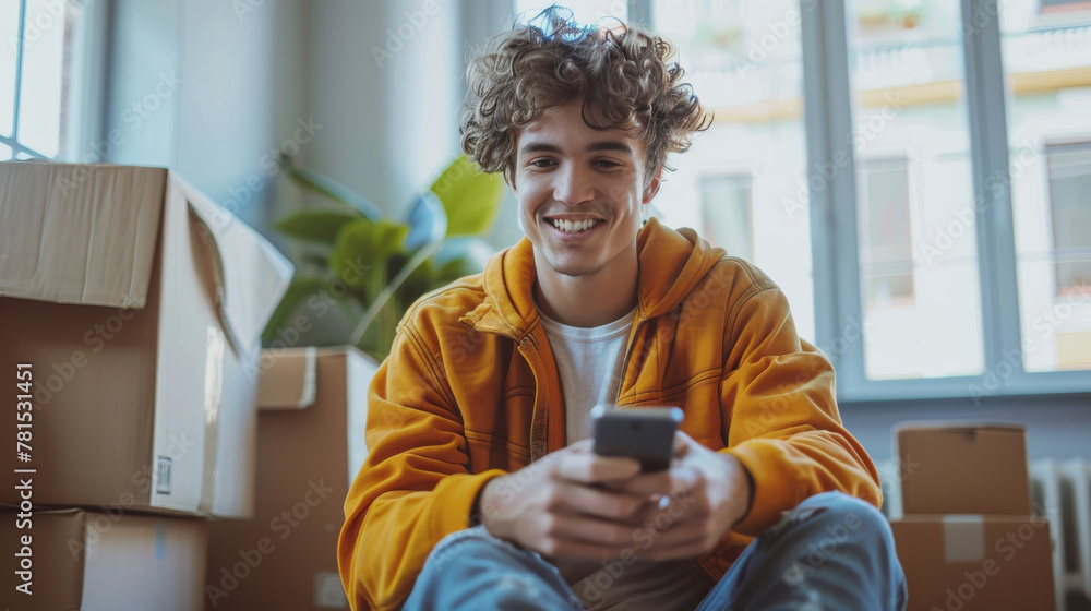 Young man moving to dorm, new apartment, rent a flat. Male student ...