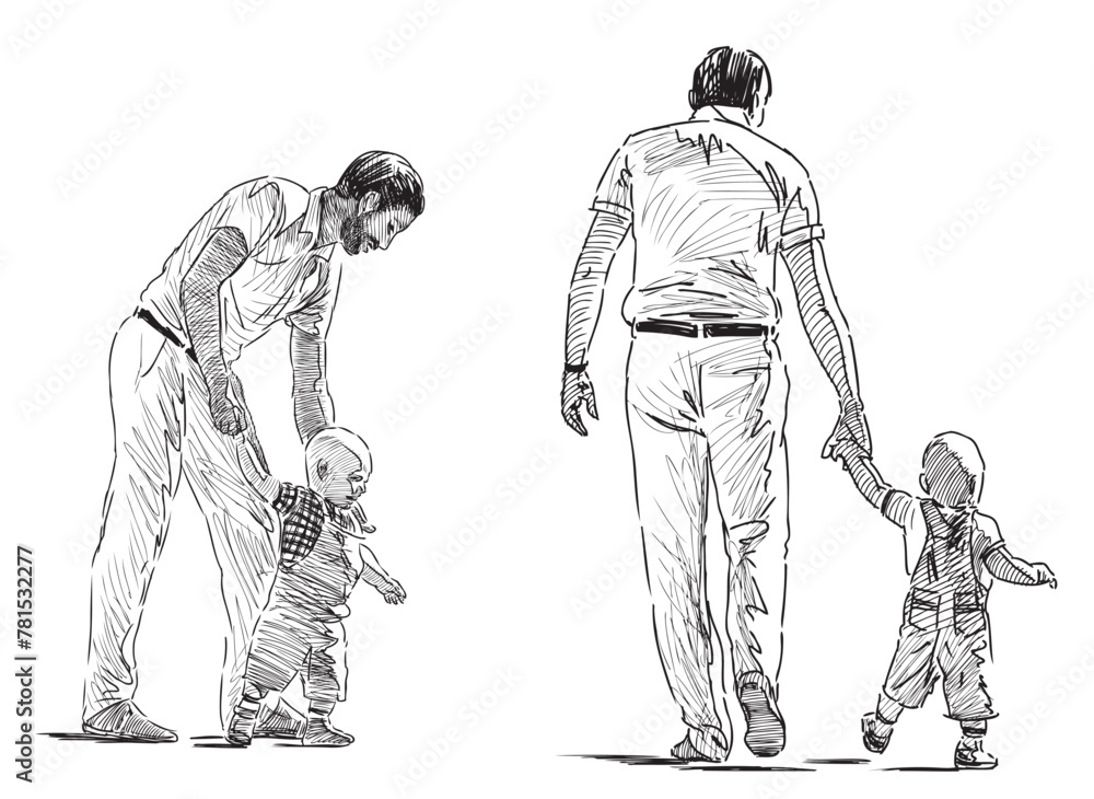 Father,family,child,childhood,parent,baby,father day,Sketch,stroll,walk ...