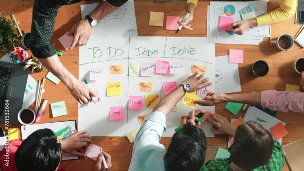 Top down aerial view of diverse business team making scrum task board ...