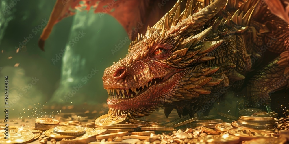A dragon is shown with its mouth open, surrounded by gold coins ...