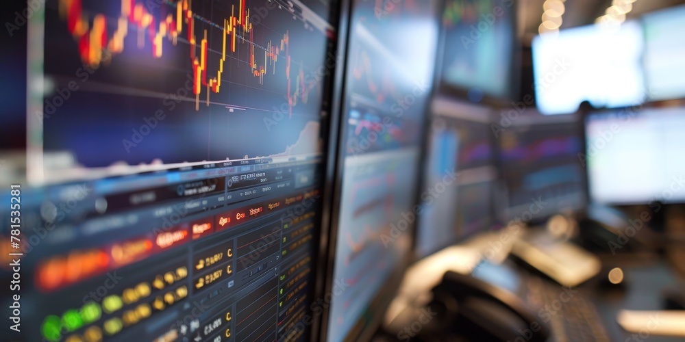 A computer monitor displays a stock market graph with multiple lines ...