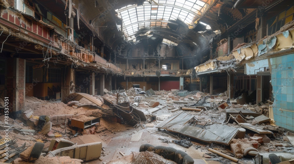 panorama of an abandoned theater with destroyed ceiling. Consequences ...