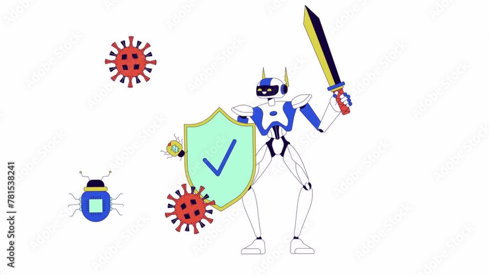 AI cyber defense line 2D animation. Robot shield virus bugs 4K video ...