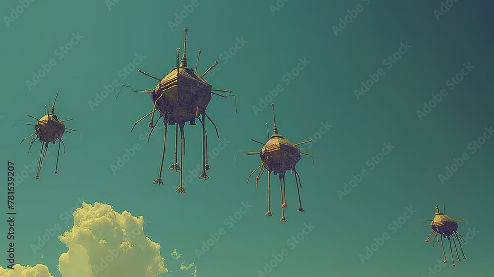 Four strange looking flying objects are in the sky. They are all ...