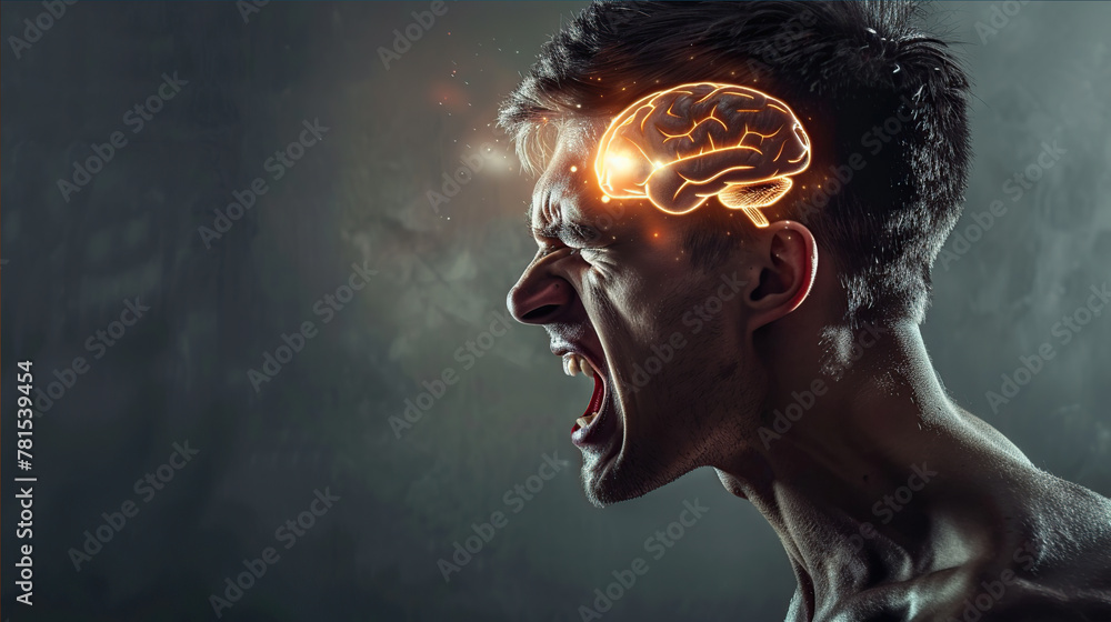 the neurons of the brain in the head of an irritated aggressive person ...