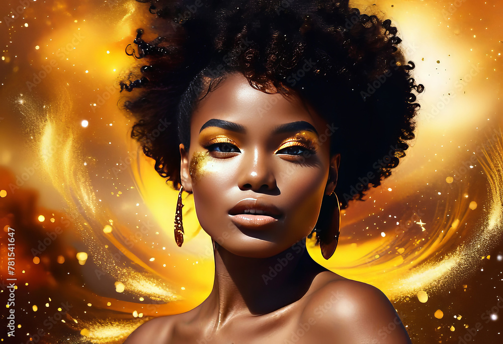 African American beautiful model, golden illustration for fashion ...