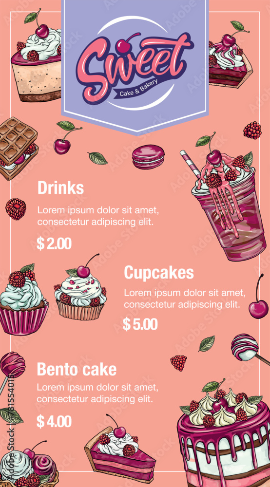Menu dessert vector cafe design sweet food template chocolate cupcake ...