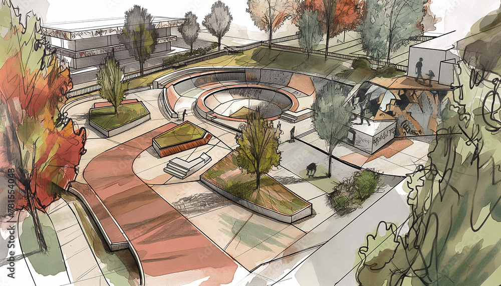 Artistic Sketch of Modern Urban Park and Amphitheater Design Stock ...