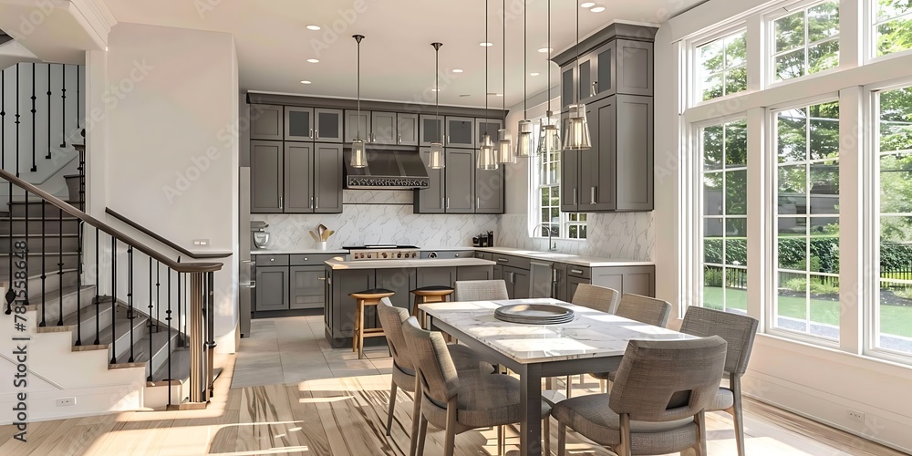 Luxury open kitchen and elegant modern dining area interior design with ...
