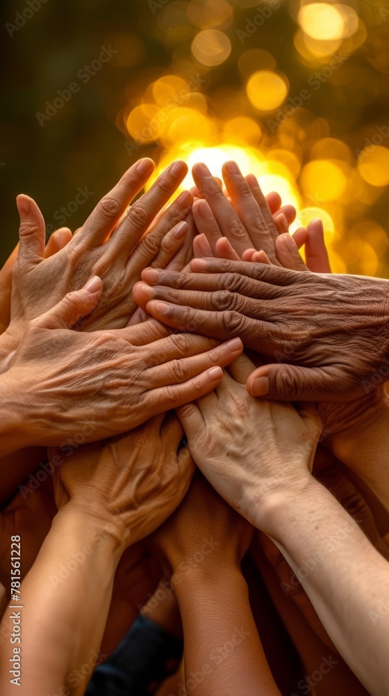 Multiracial group of people joining hands together in unity and ...