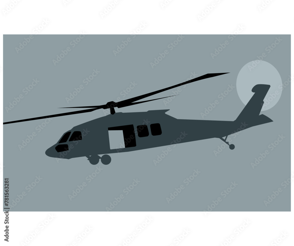 Black Hawk Flight. A helicopter silhouettes in the night sky. Vector ...