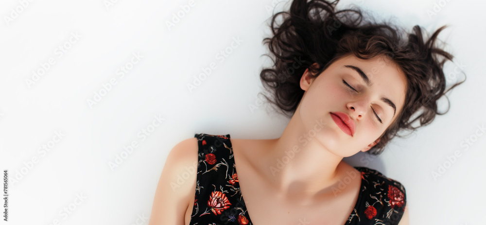 Woman Sleeping concept. Floral dress. Pink, red lips. Pale skin. Eyes ...