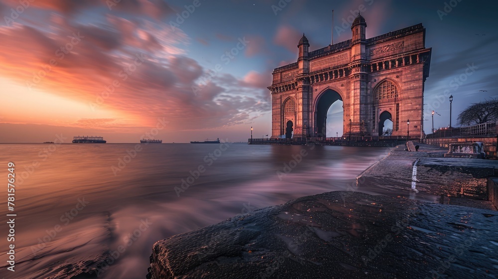 Mumbai. The stone arch of India's Gateway shines at sunrise with the ...