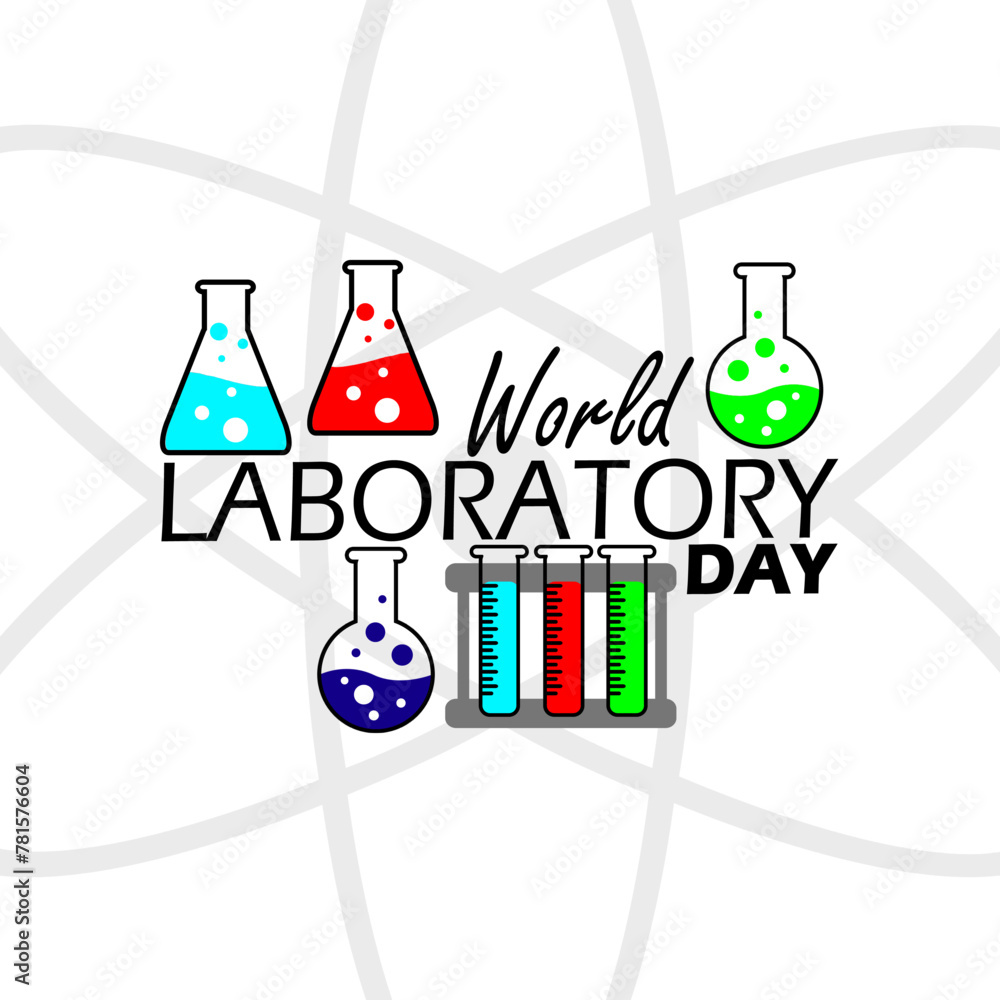 World Laboratory Day event banner. Chemical test tubes with various ...