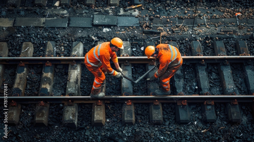 two male railway workers, clad in fluorescent orange workwear, as they ...