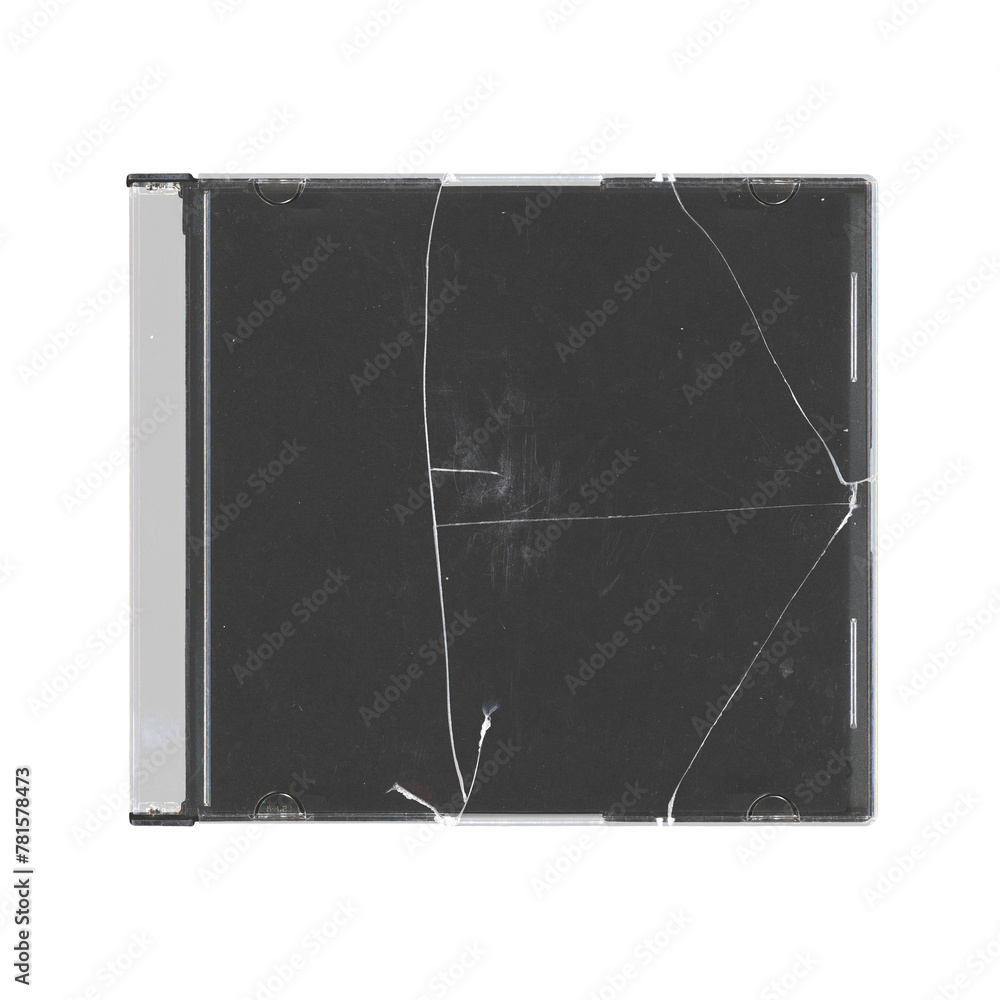 cracked isolated mockup of old music CD disc jewel case with black ...