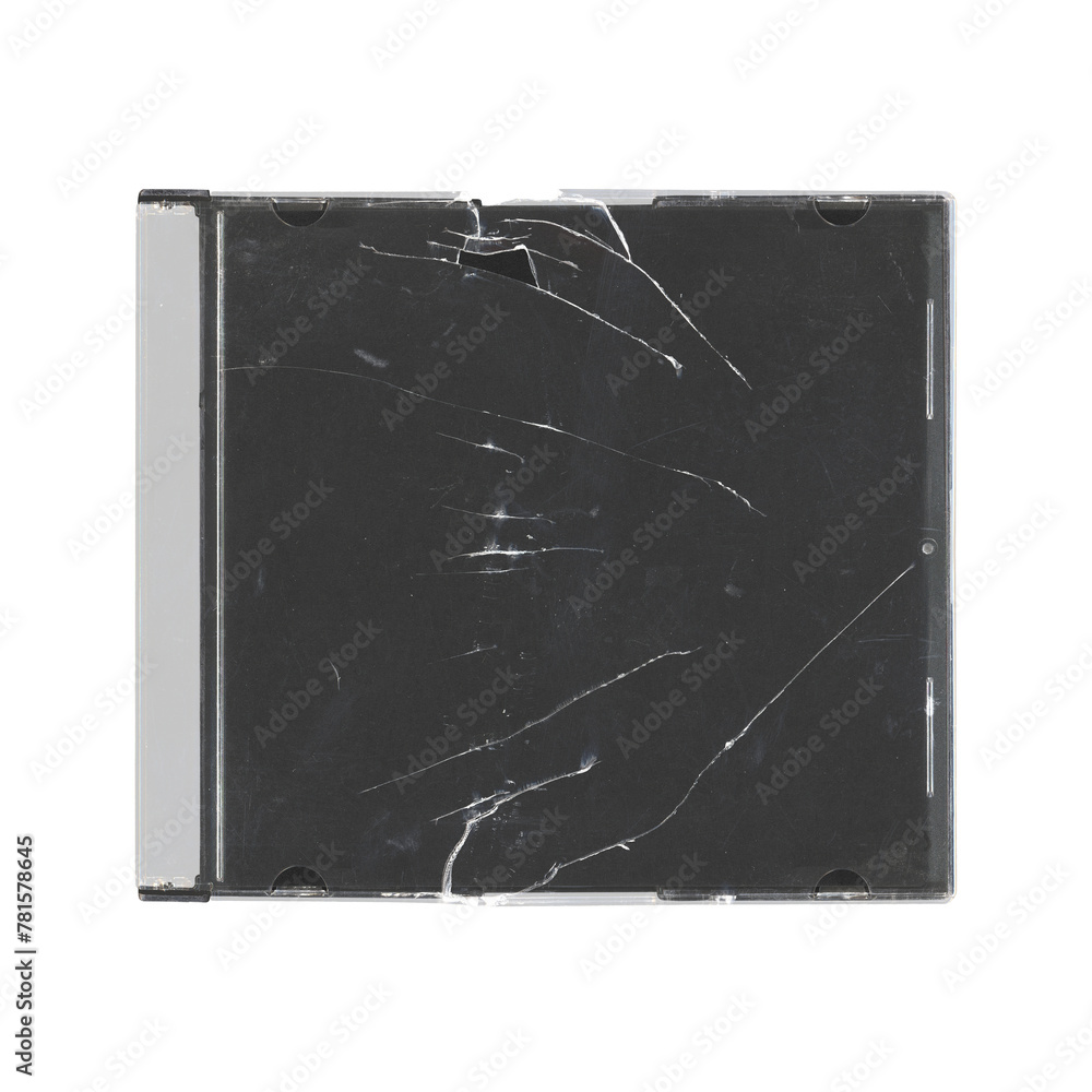 cracked isolated mockup of old music CD disc jewel case with black ...