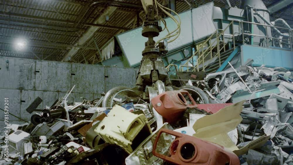 A waste recycling plant. An excavator grabs garbage from a pile in the ...