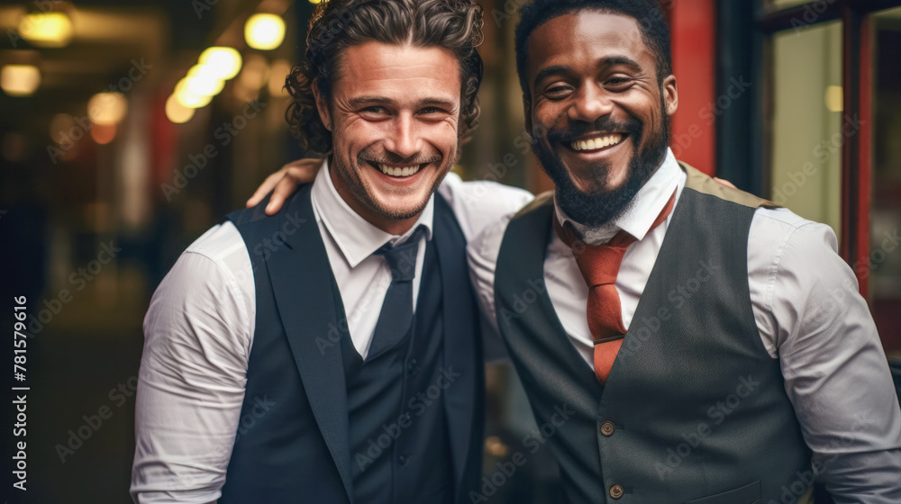 Two Happy Men in Suits Embracing and Smiling.Generative AI. Stock Photo ...