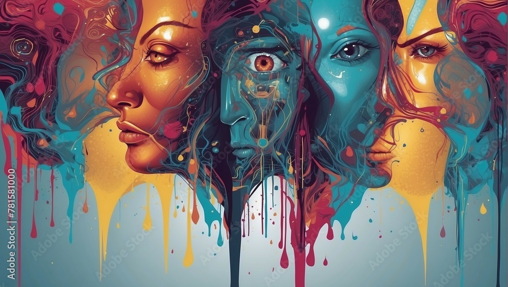 abstract pattern on a blue background with parts of faces showing ...