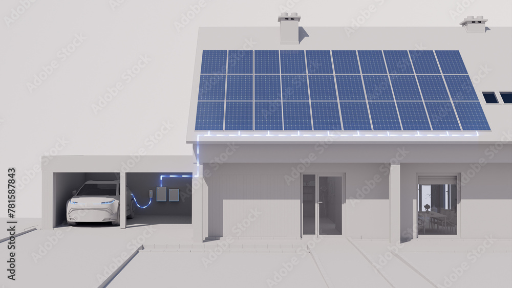 Solar panels on the roof of the house and battery storage in the garage ...