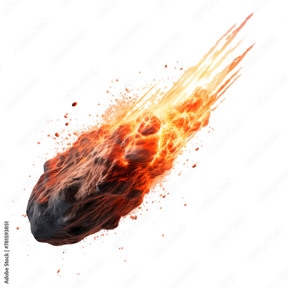 Falling meteorite isolated on a white or transparent background. A ...