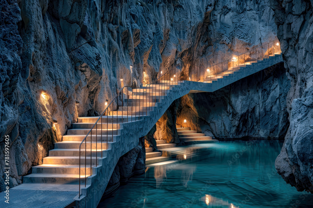 The subterranean entrance to the villain's lair, stairs in a cave with ...