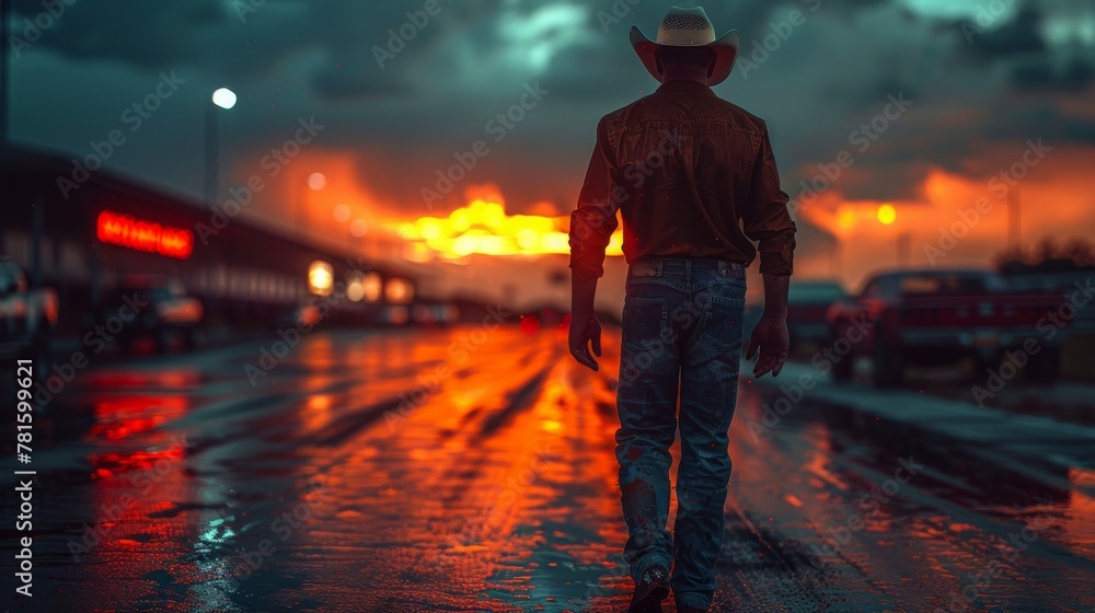 A Texas cowboy in a shiny red jacket walks past vintage cars under a ...