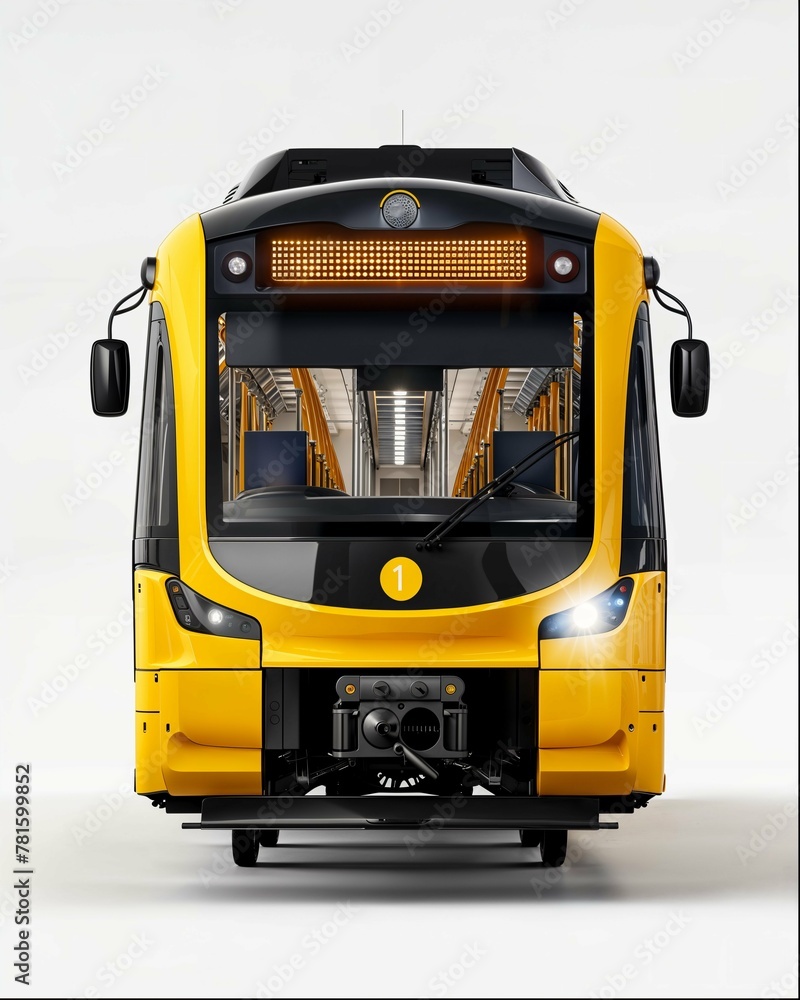 A yellow subway train, front view, with a white background, in a simple ...