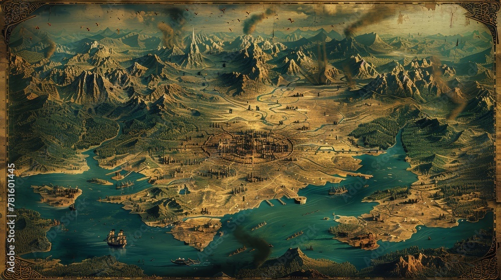Artistic dark fantasy world map featuring mythical mountains ...