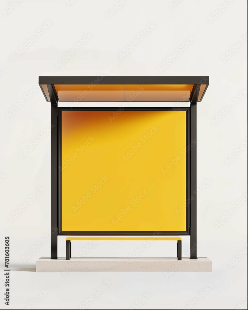 A simple bus stop with a yellow metal structure and white background in ...