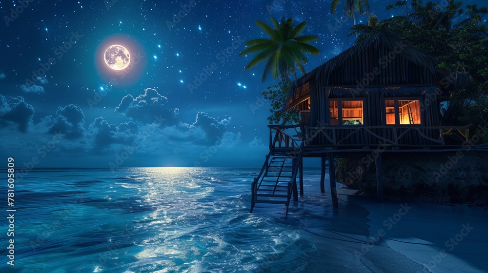 A beach hut stands on the shore of a tropical island. The windows glow ...