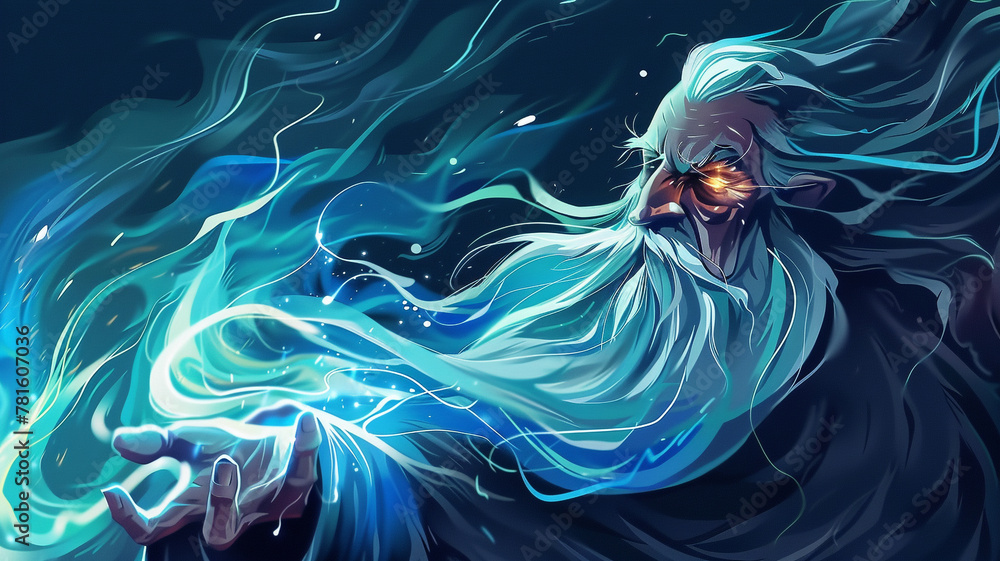A mystical wizard graphical vector face with a flowing beard and robes ...