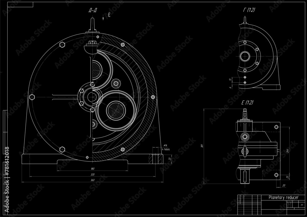 Assembly drawing of reducer. Vector cad scheme of steel mechanical ...