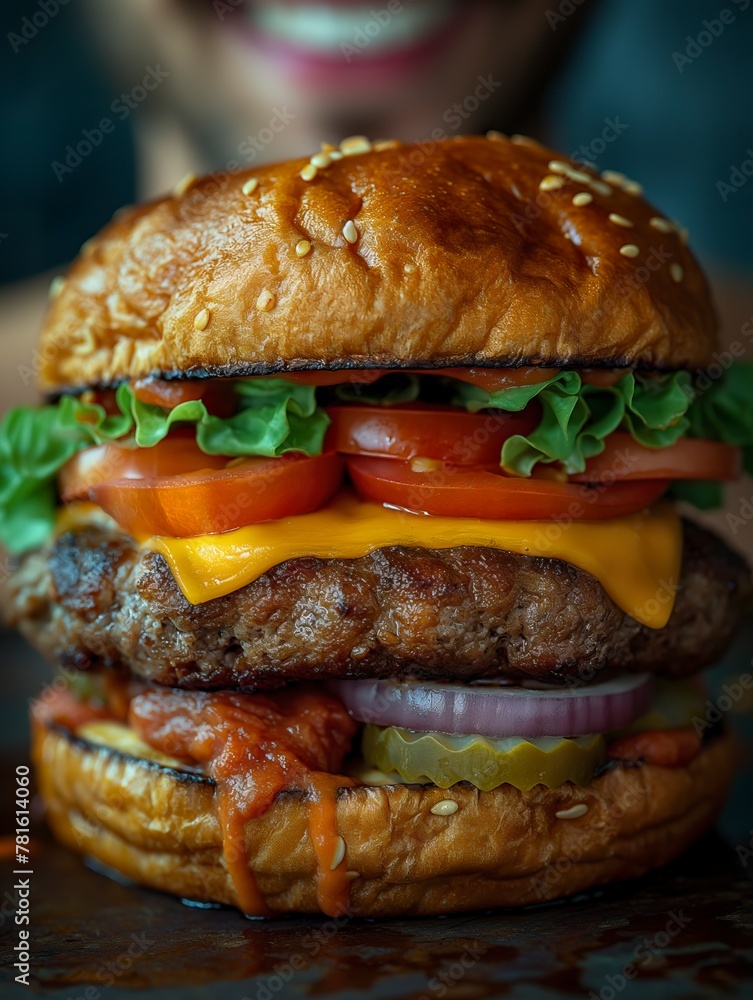 Double-layered cheeseburger with toasty sesame bun, melted cheddar ...