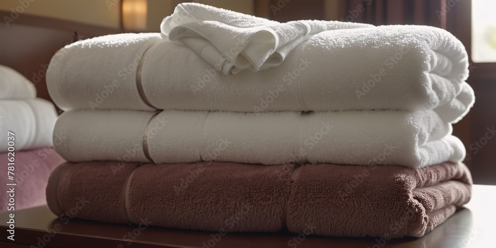 Stack of Fresh Towels in a Hotel Room. A photo of a neatly folded stack ...