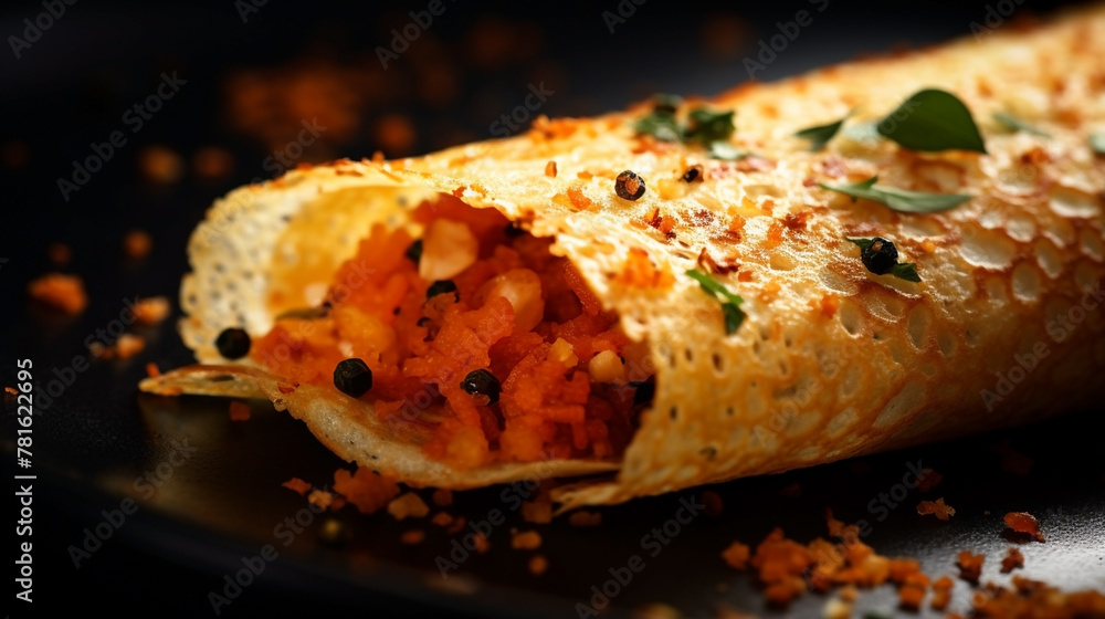 wide top view background photo, delicious masala dosa and curries on a ...