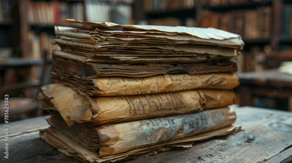 The table is covered with old paper documents. An old book. An old ...