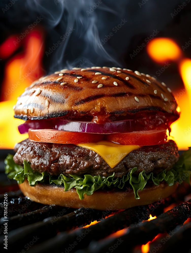 Commercial-grade cheeseburger with a fiery backdrop, featuring melty ...