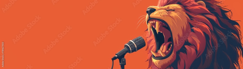 A cartoon lion roaring into a microphone, depicting commanding social ...
